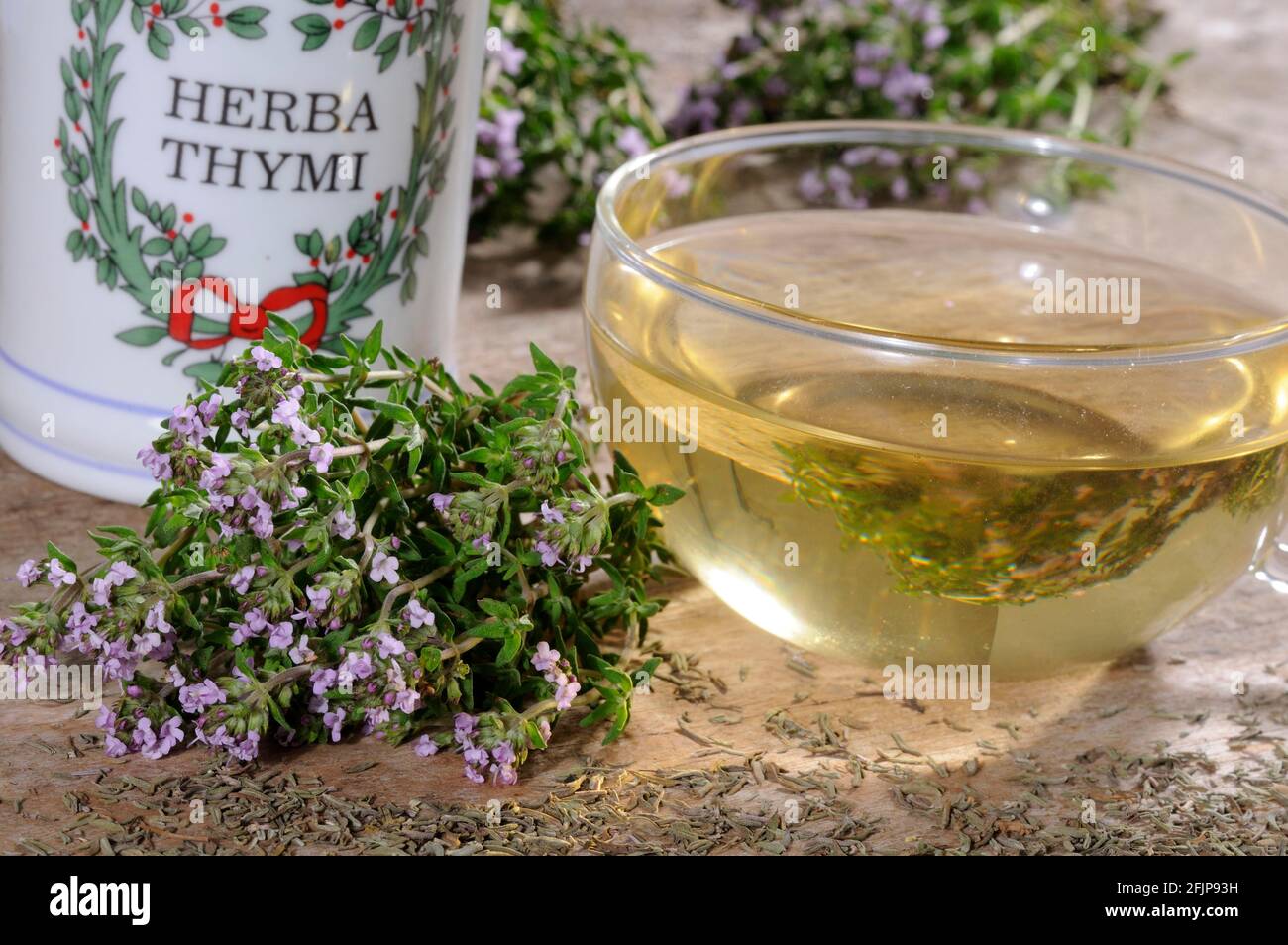 Cup of thyme tea, Common thyme (Thymus pulegioides Stock Photo - Alamy