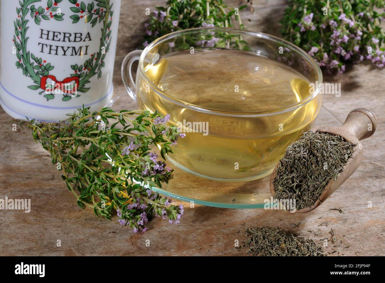Cup of thyme tea, Common thyme (Thymus pulegioides Stock Photo - Alamy