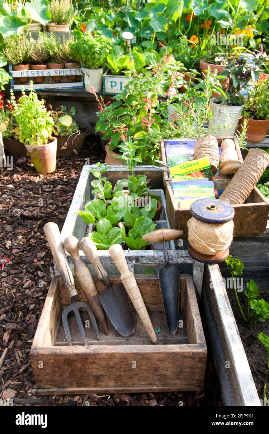 Herb garden, planting tools Stock Photo - Alamy