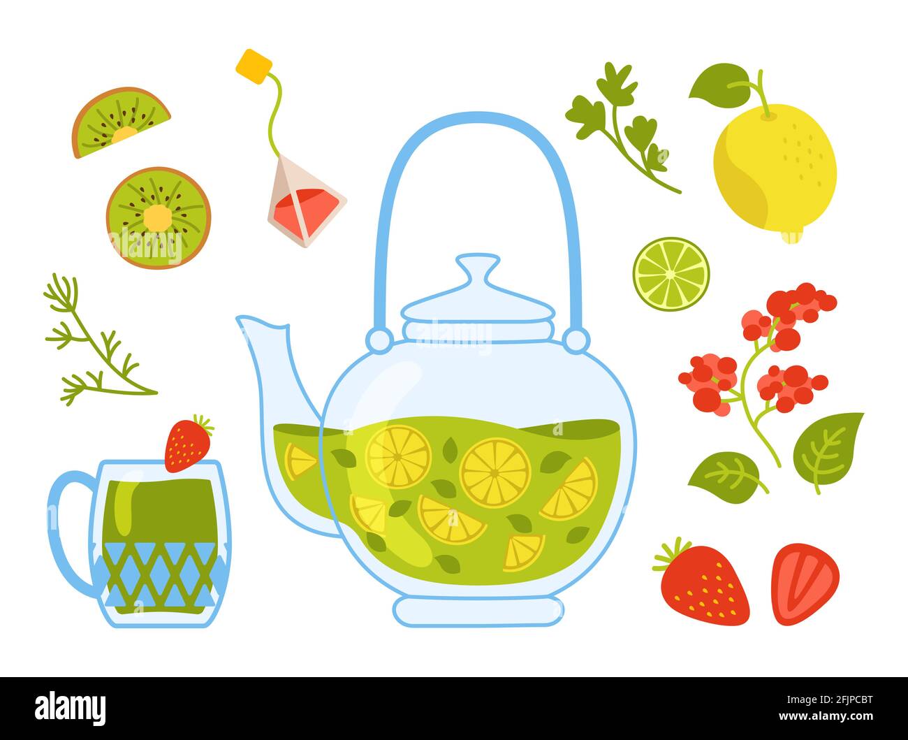 Autumn hot tea cartoon cozy set. Kettle medicinal tea in transparent ...