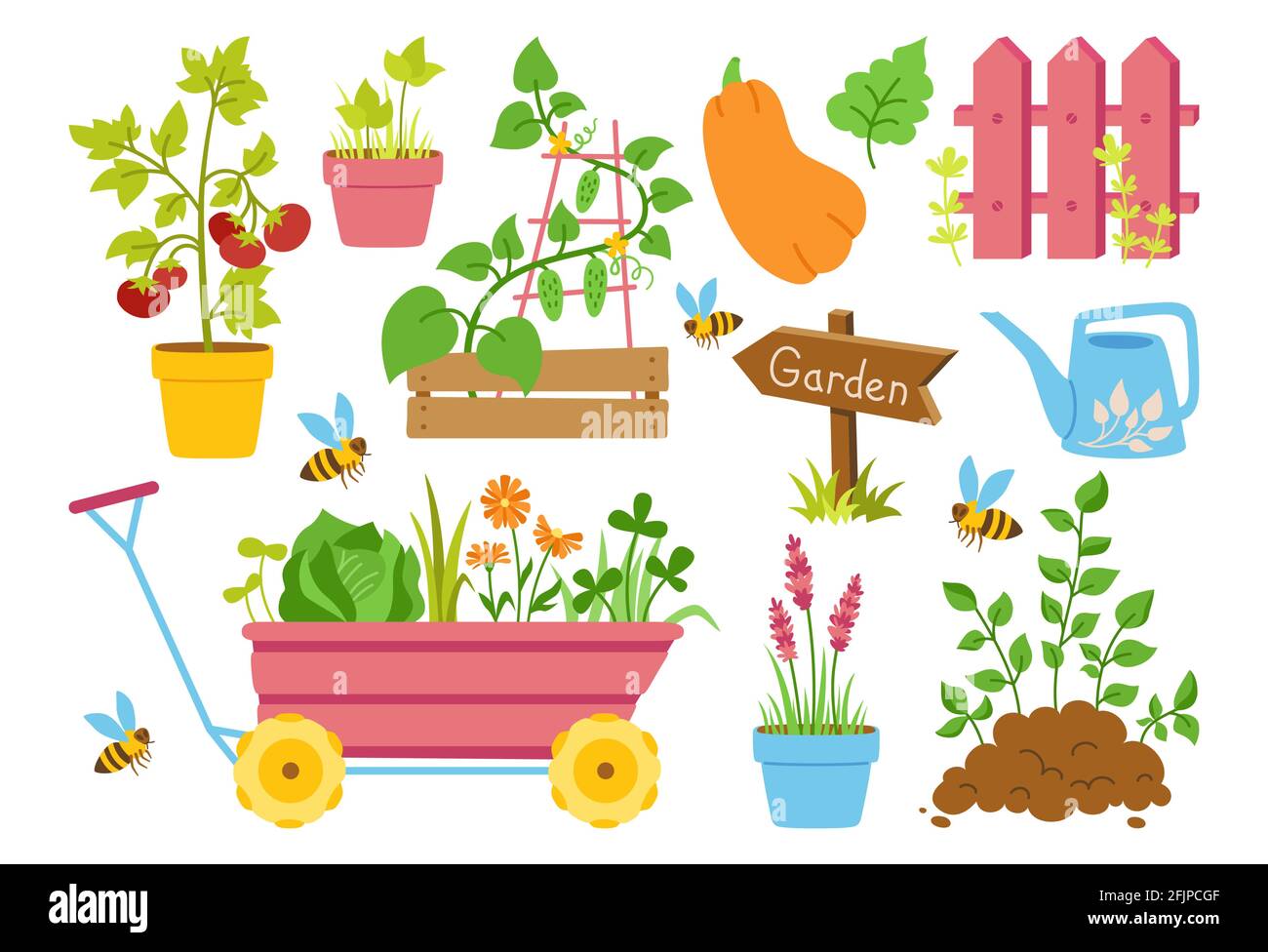Gardening tools cartoon set. Fence, vegetable seedlings and rubber ...