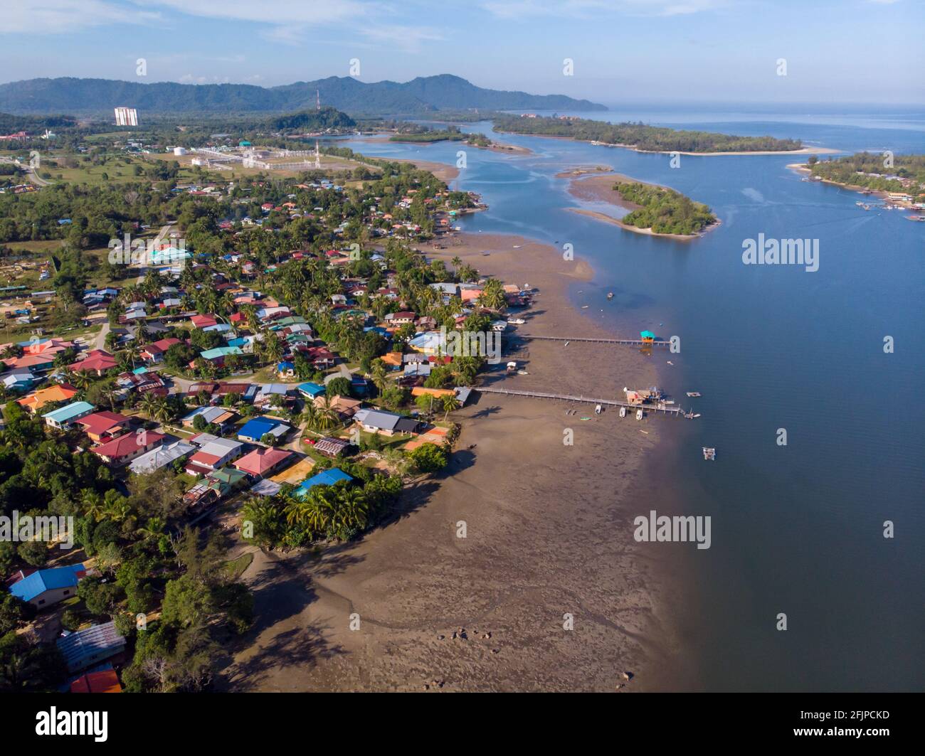 Aerial drone image of Beautiful Rural with long bridge for car pass ...