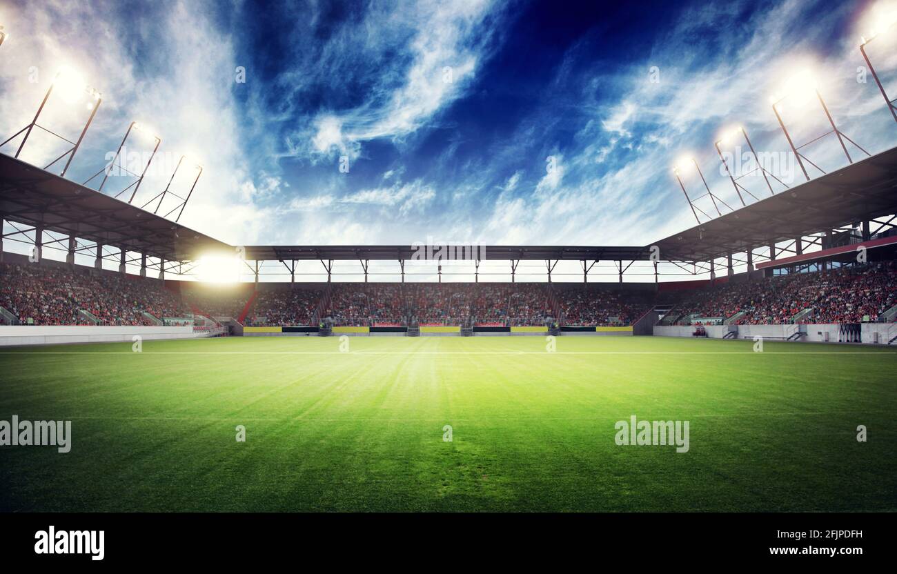 Football stadium, shiny lights, view from field. Soccer concept Stock ...