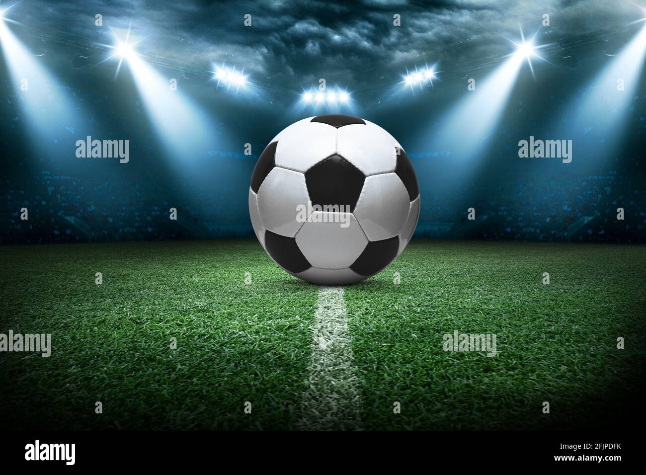 Football stadium, shiny lights, view from field. Soccer concept Stock ...