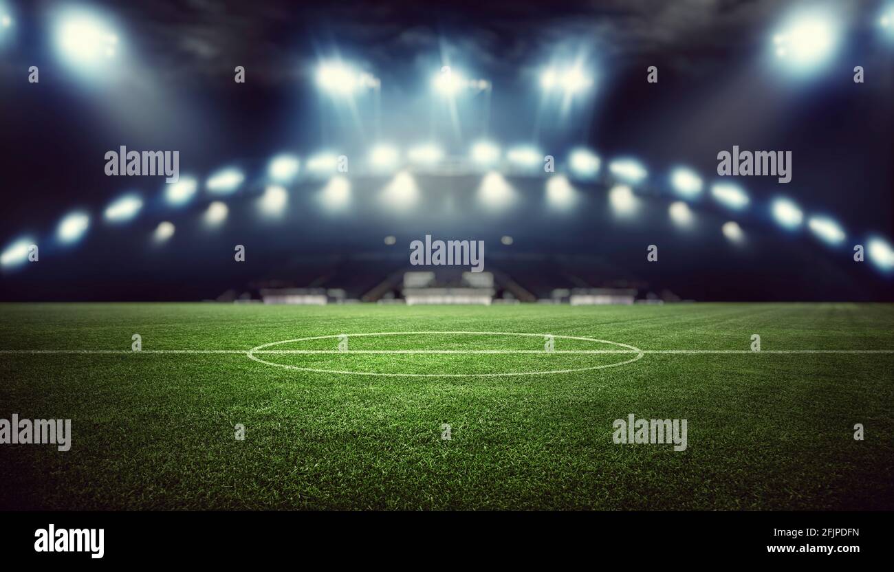 Football stadium, shiny lights, view from field. Soccer concept Stock ...