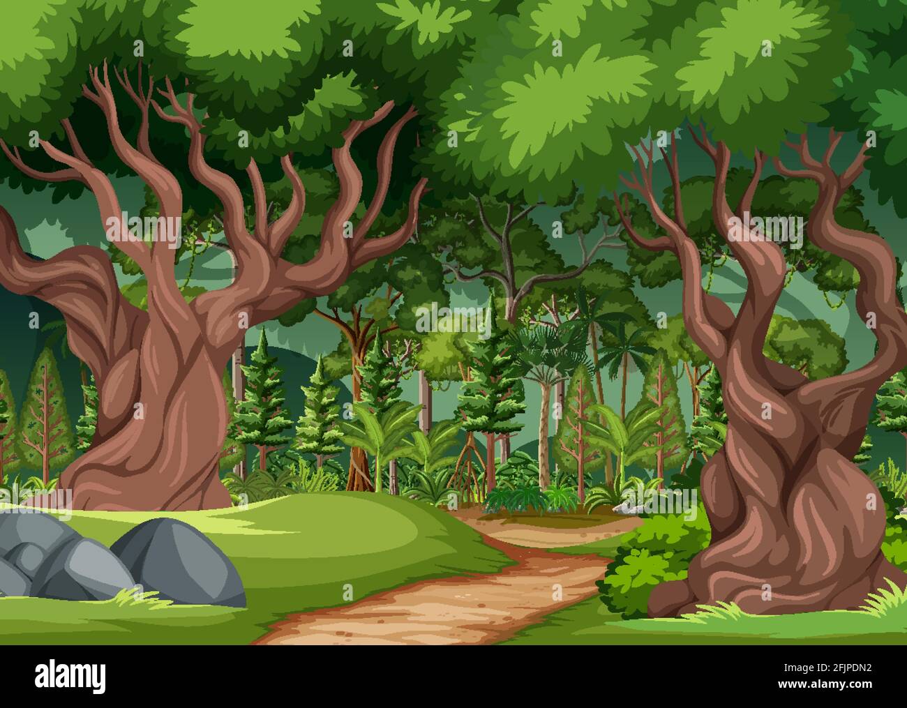 Forest scene with hiking track and many trees illustration Stock Vector ...
