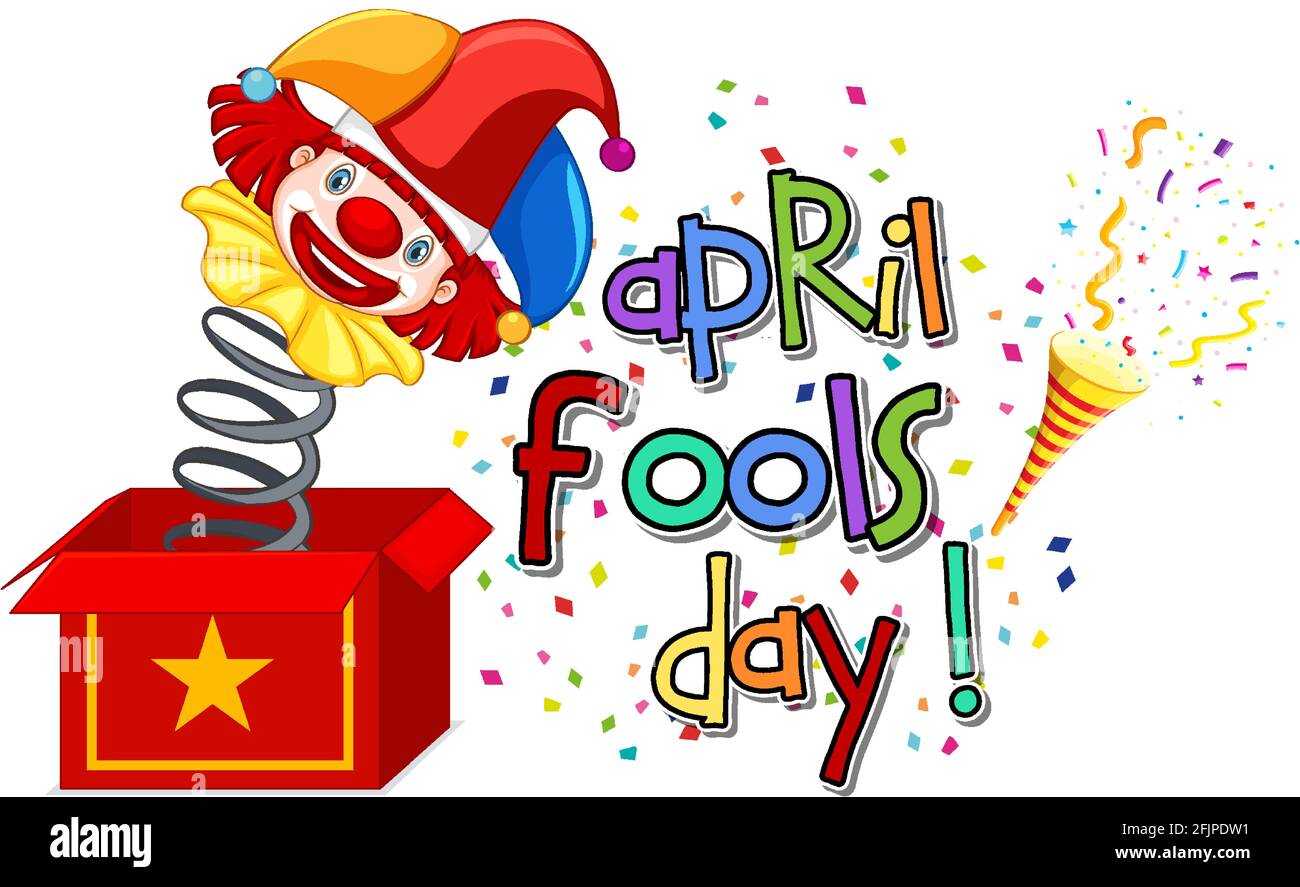 April Fool's Day font logo with Jester from surprise box illustration ...