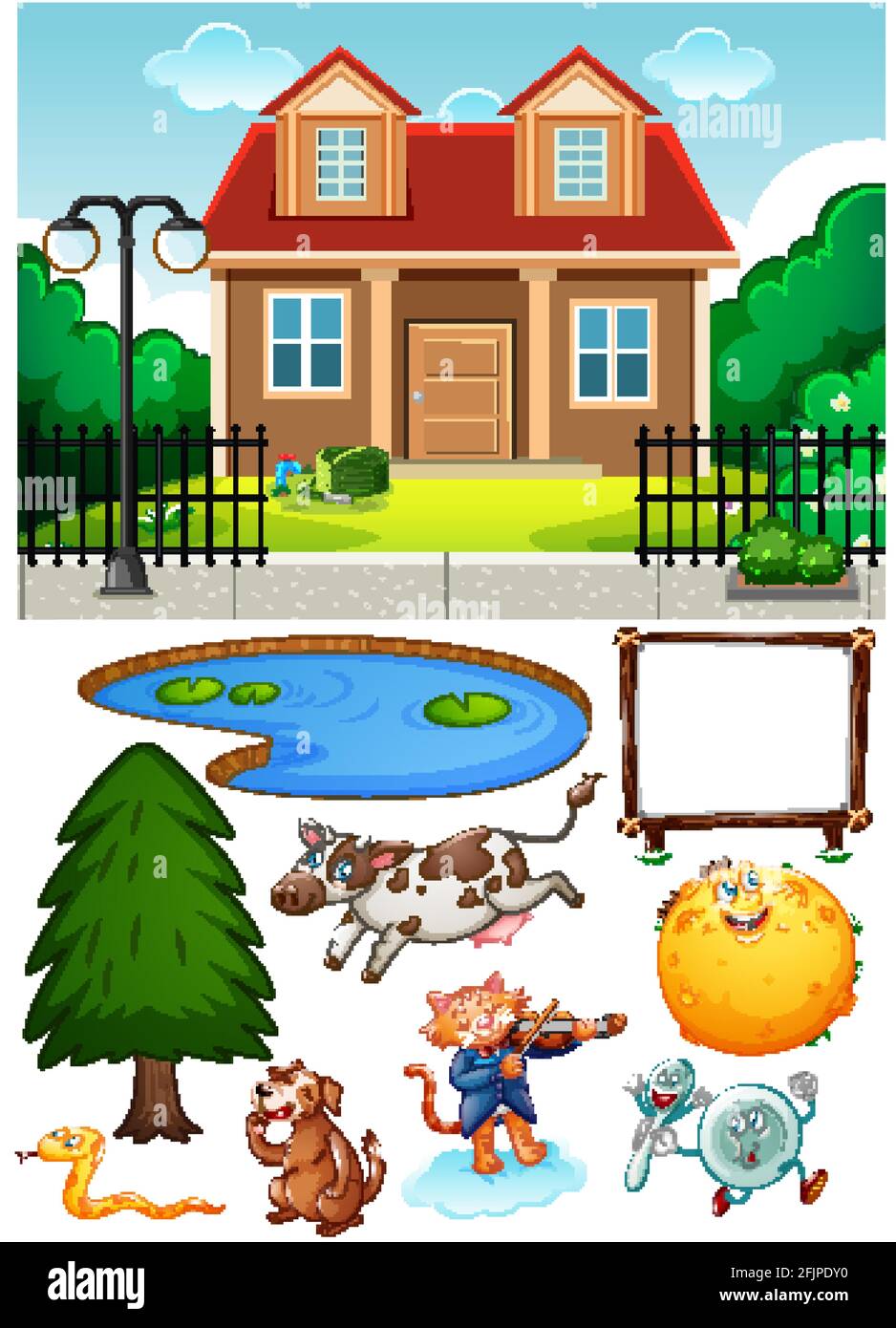 A house in nature scene with isolated cartoon character and objects ...
