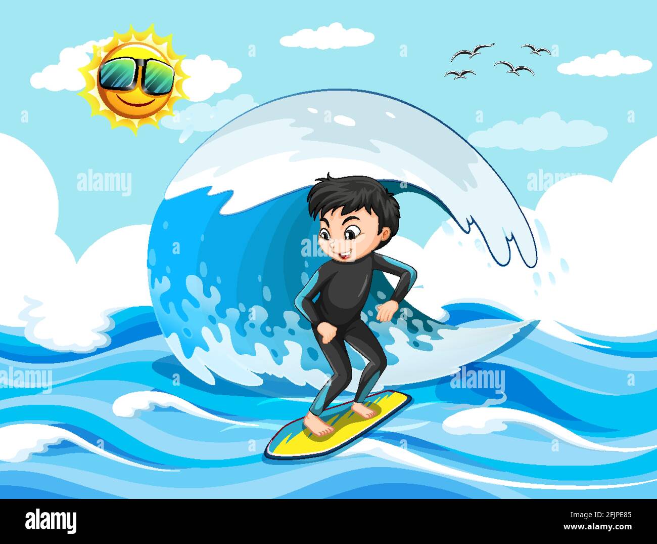 Big wave in the ocean scene with boy standing on a surf board ...