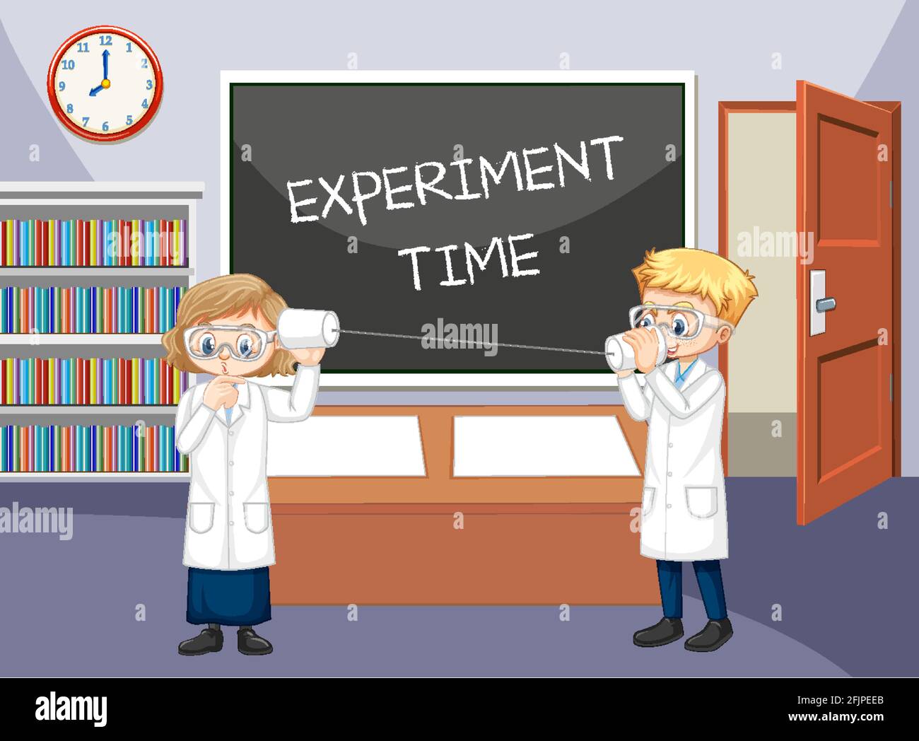 Classroom scene with scientist doing string phone experiment ...
