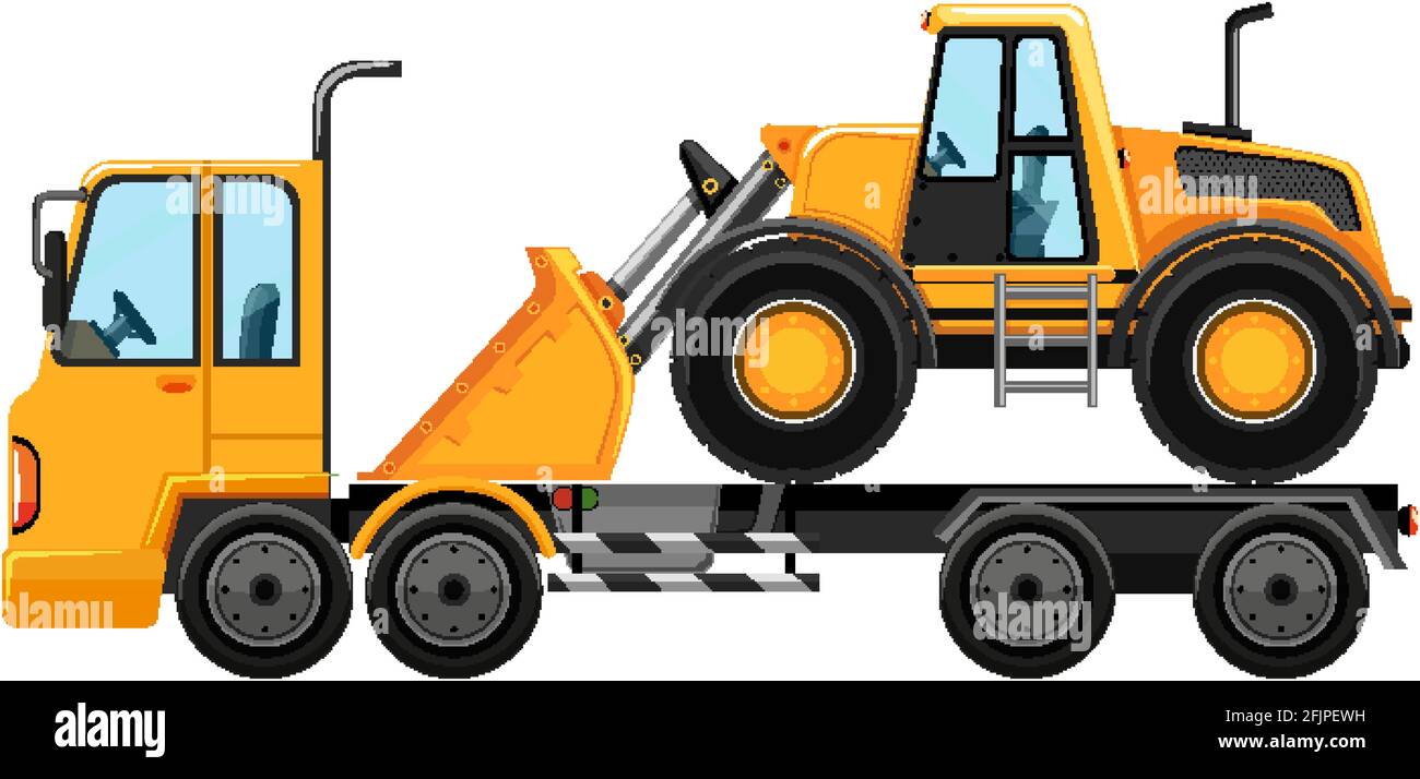 Tow truck carrying bulldozer isolated background illustration Stock ...