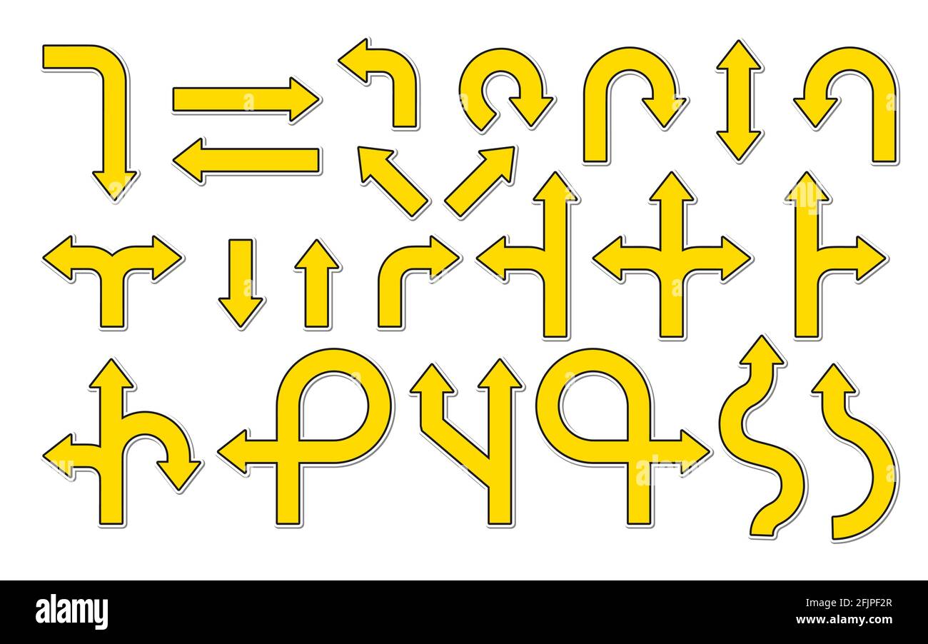 Flat yellow paper road sign sticker with shadow, set. Icons of label ...