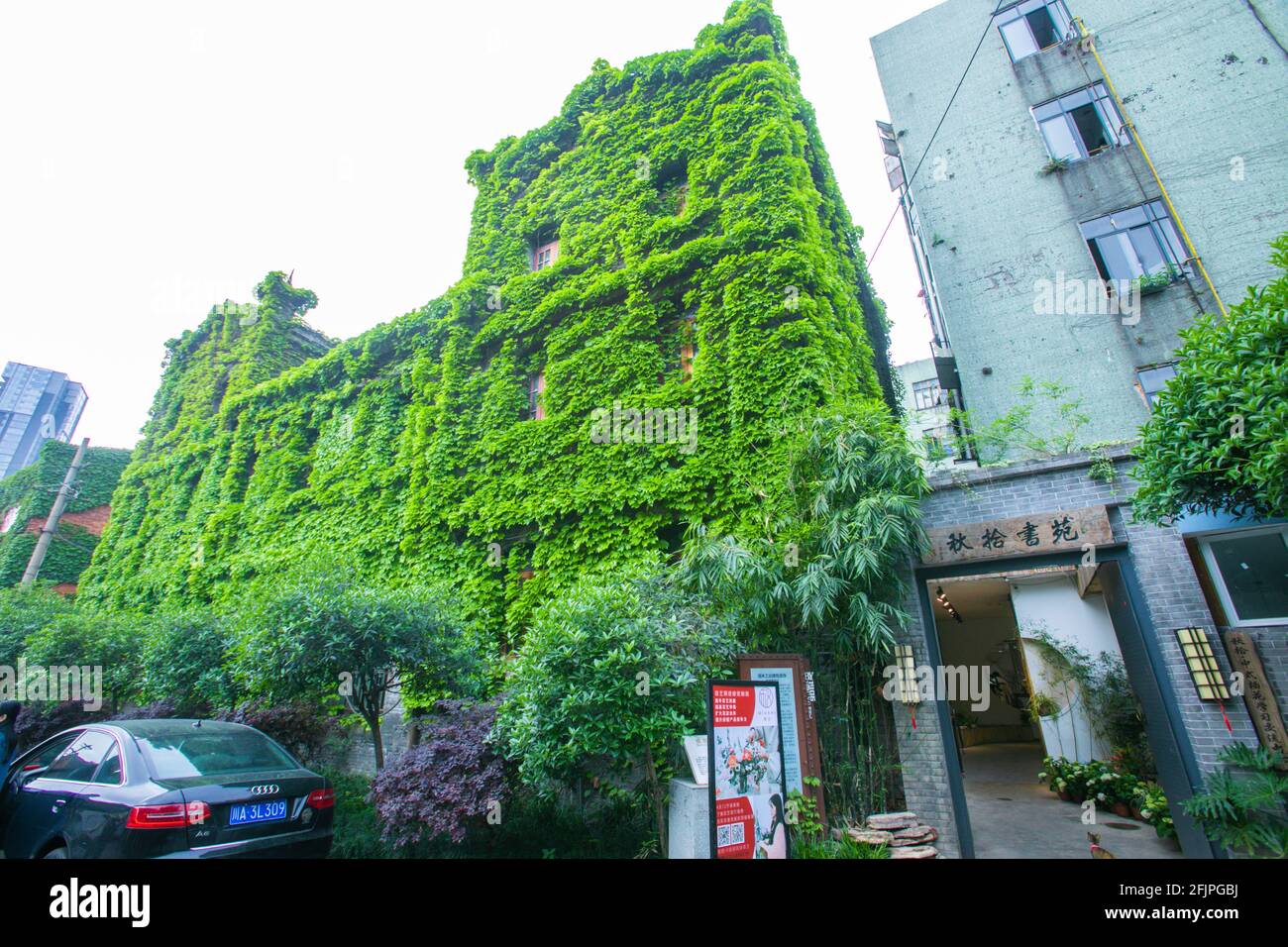 CHENGDU, CHINA - APRIL 20, 2021 - Buildings are surrounded by green ...