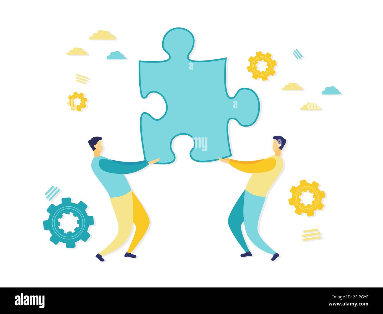 Flat illustration Two business man carry a puzzle together on gray ...