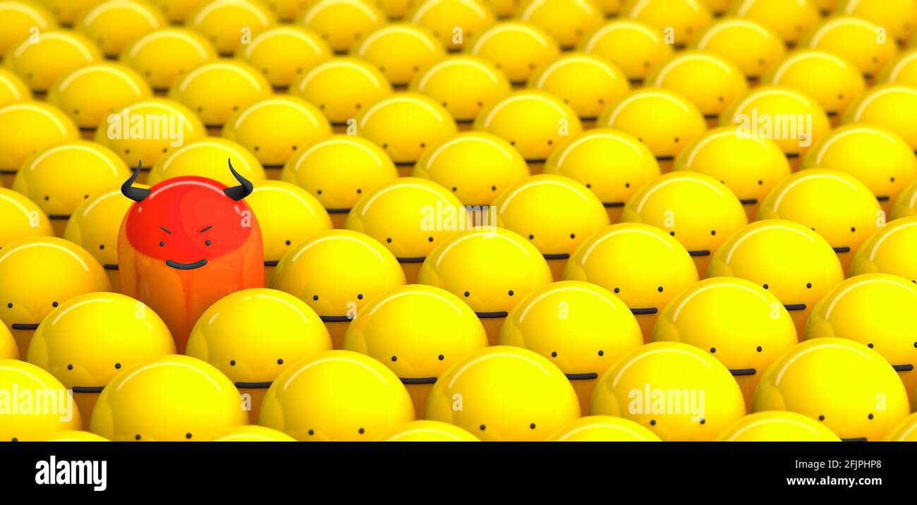 A crowd of yellow men and one red evil with horns. 3d render Stock ...