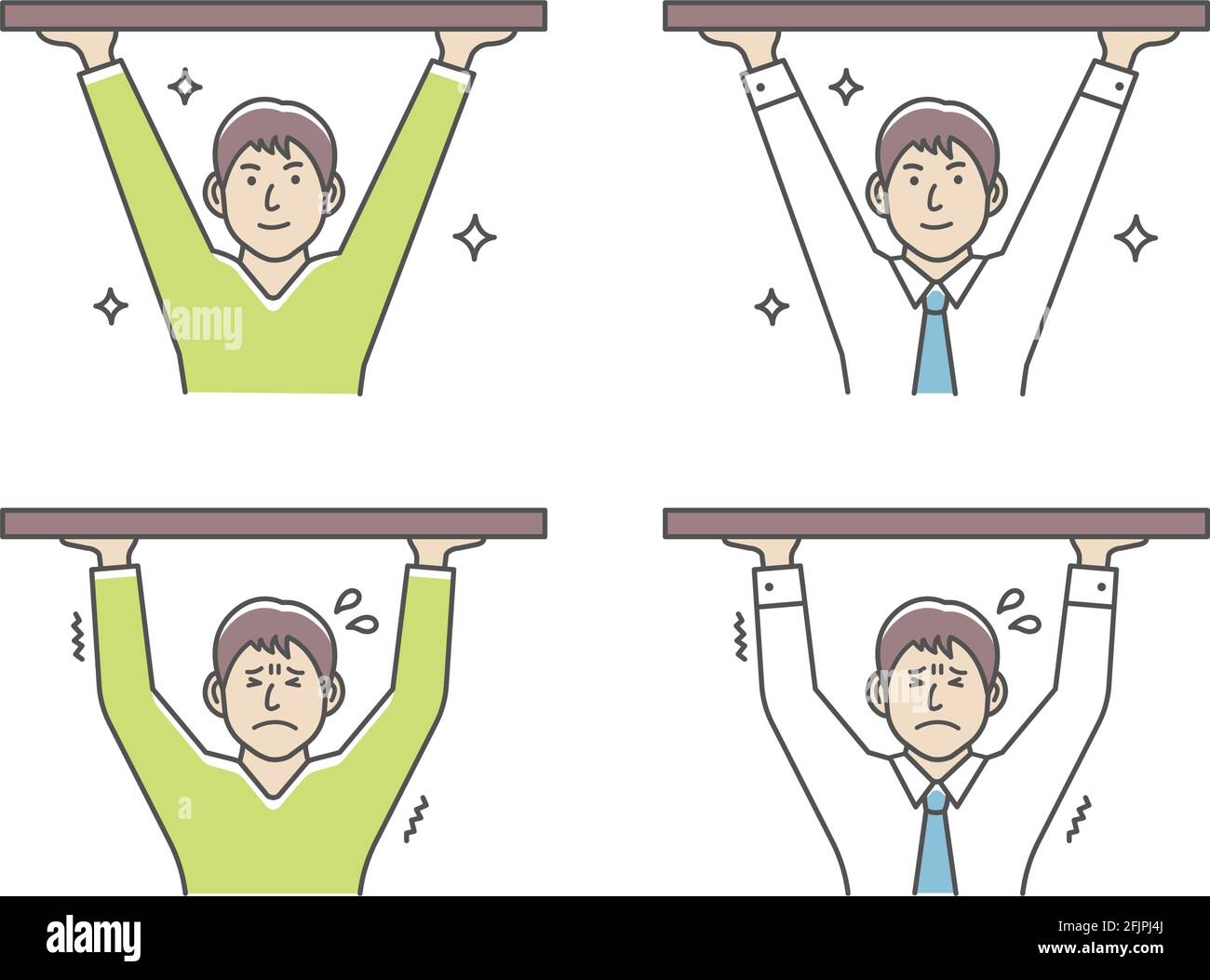 Young man holding object above. Vector illustration set Stock Vector ...