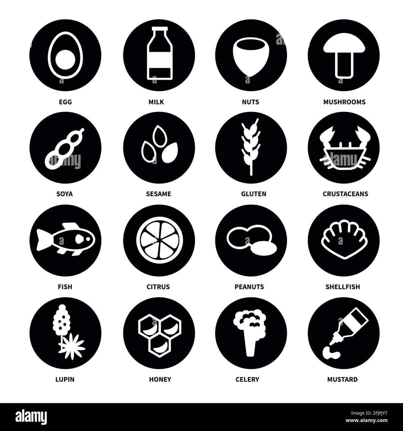 Large set of black and white icons with the main allergens in food ...