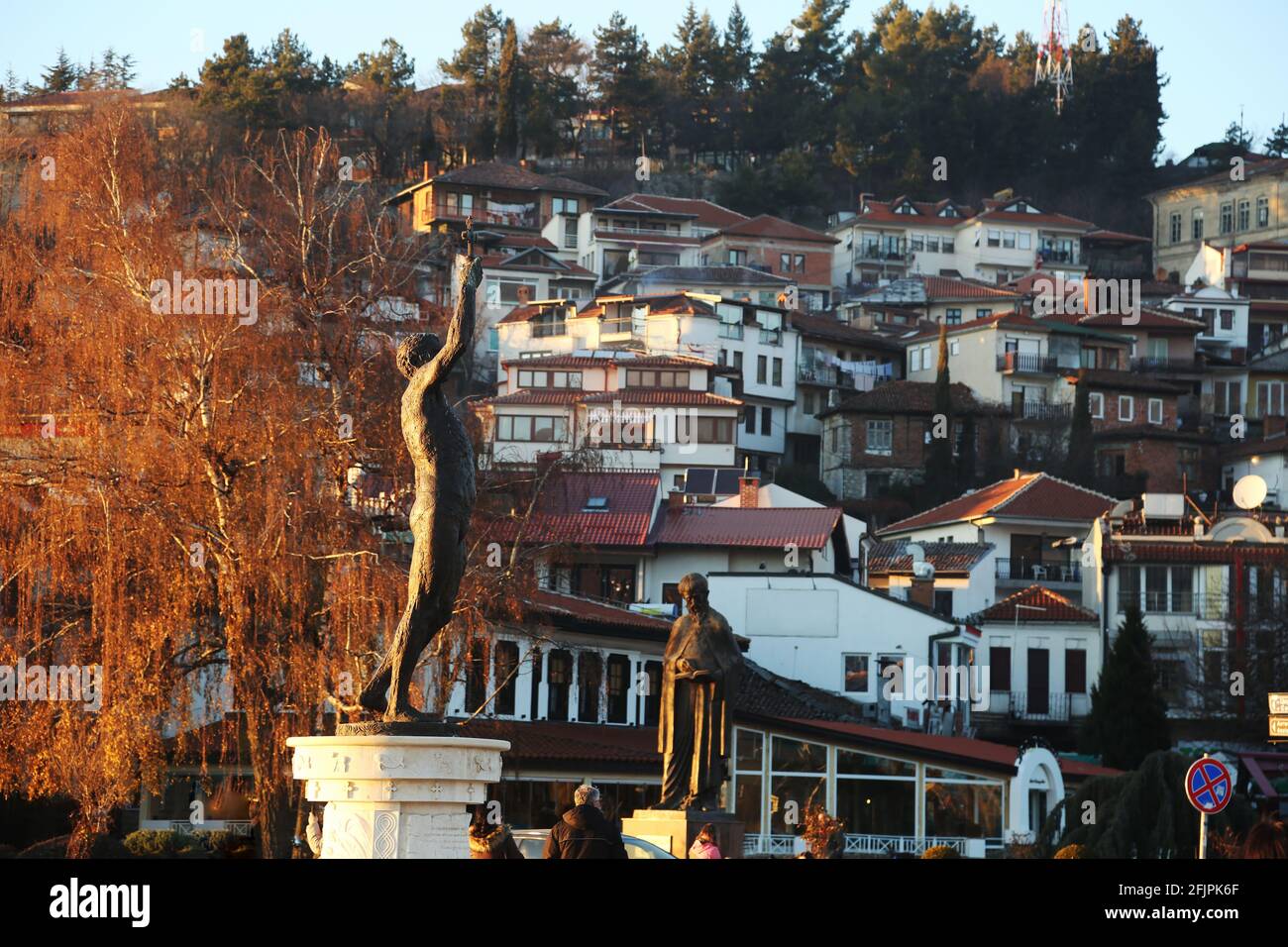 Ohrid City center seaside at sunset in Macedonia. Ohrid is rich in ...