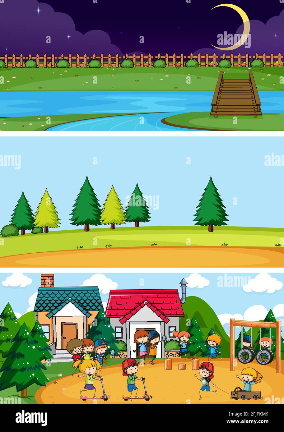 Set of different horizontal scenes background with doodle kids cartoon ...