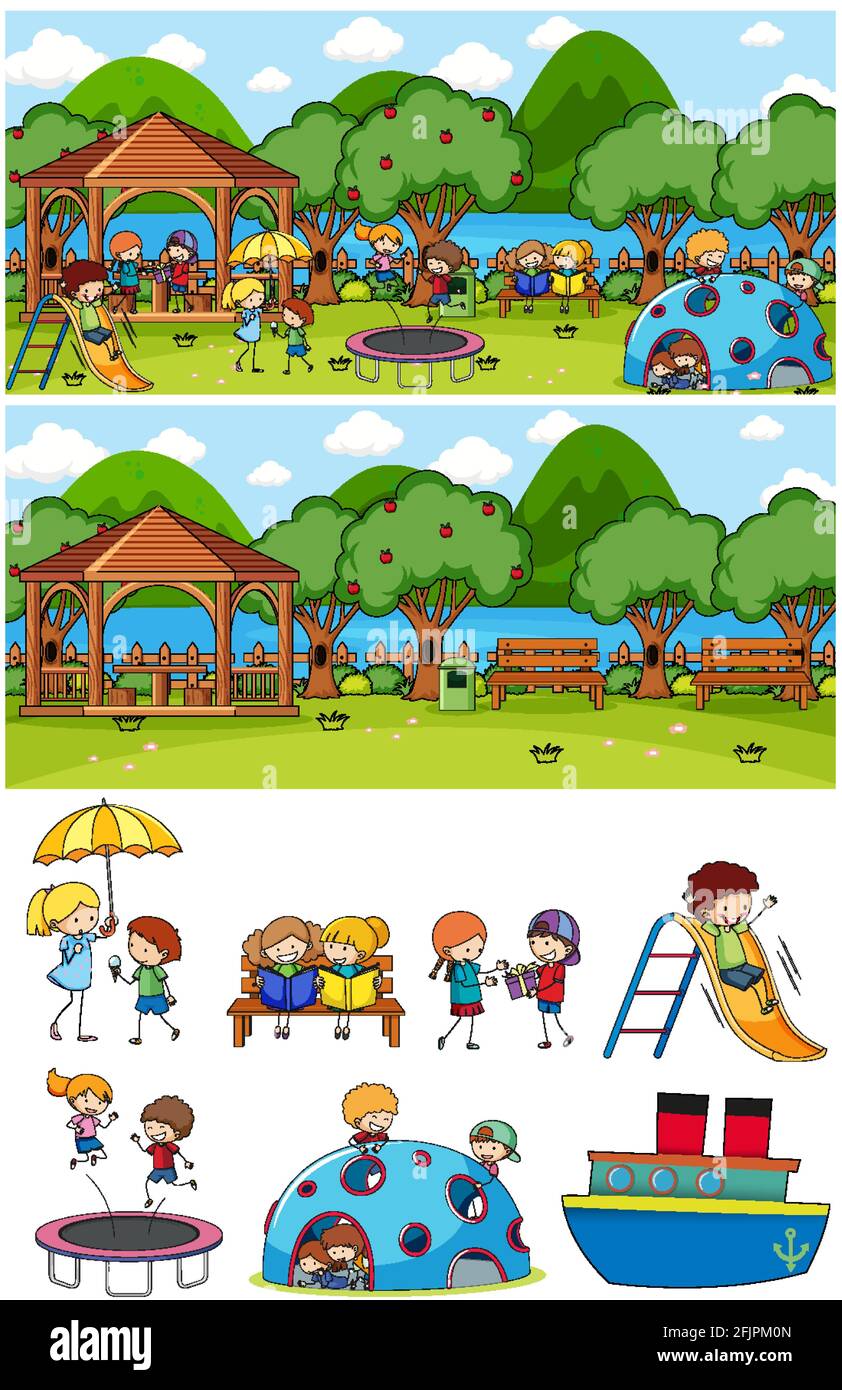 Set of different horizontal scenes background with doodle kids cartoon ...