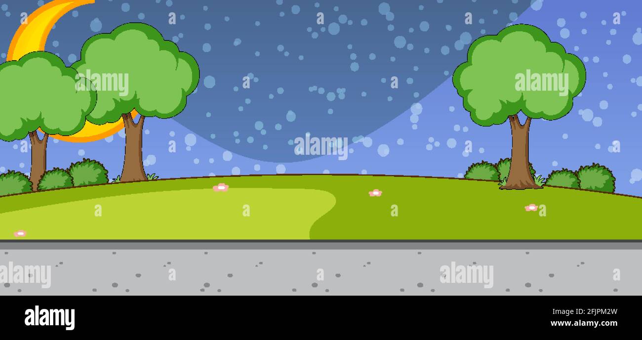 Empty park landscape scene at night with many trees illustration Stock ...