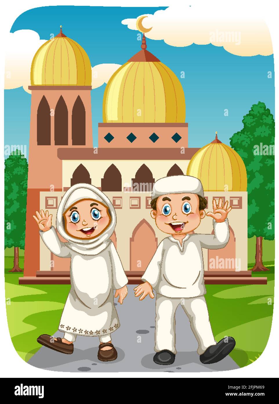 Muslim sister and brother cartoon character with mosque illustration ...