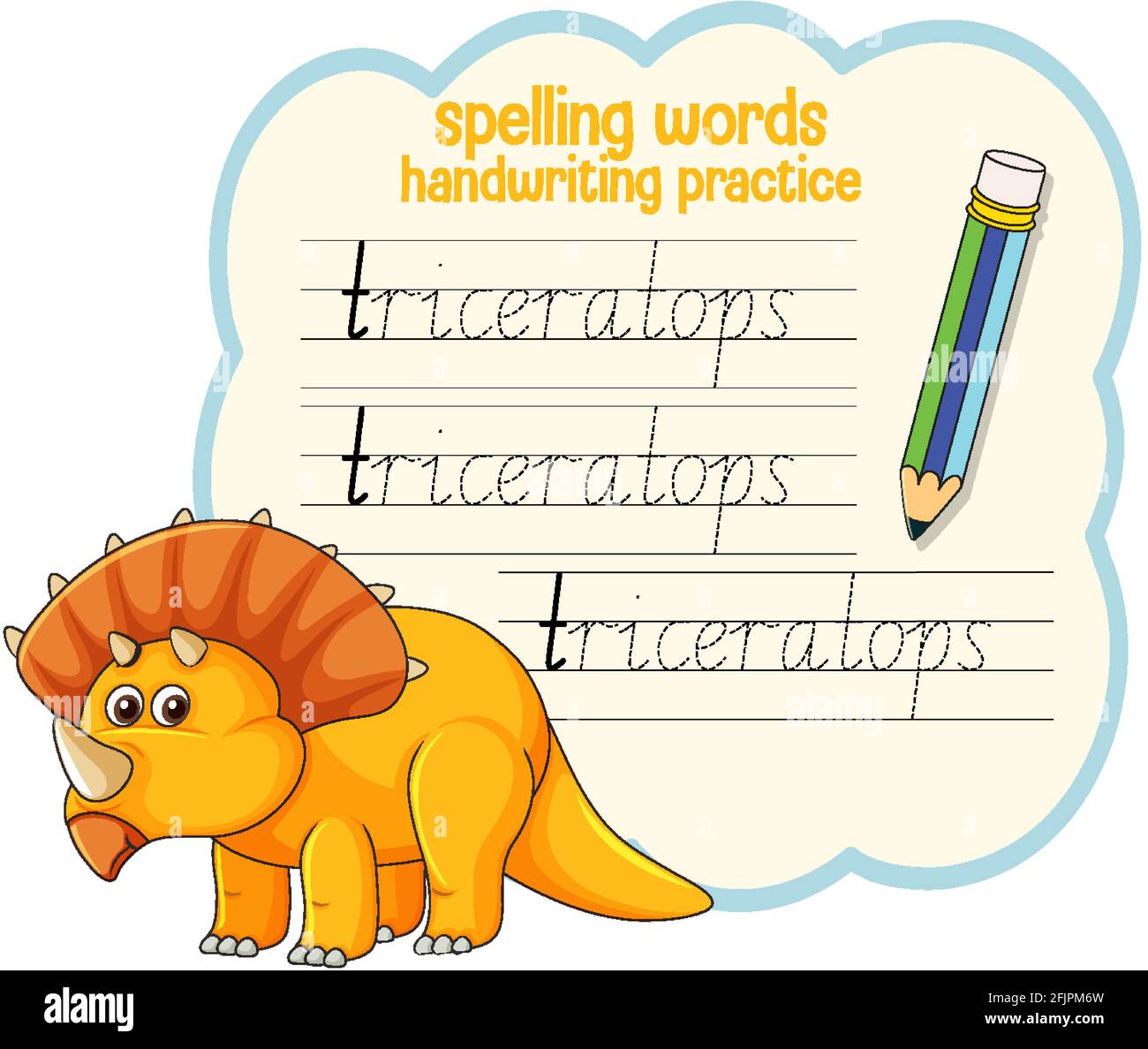 Spelling words dinosaur handwriting practice worksheet illustration ...