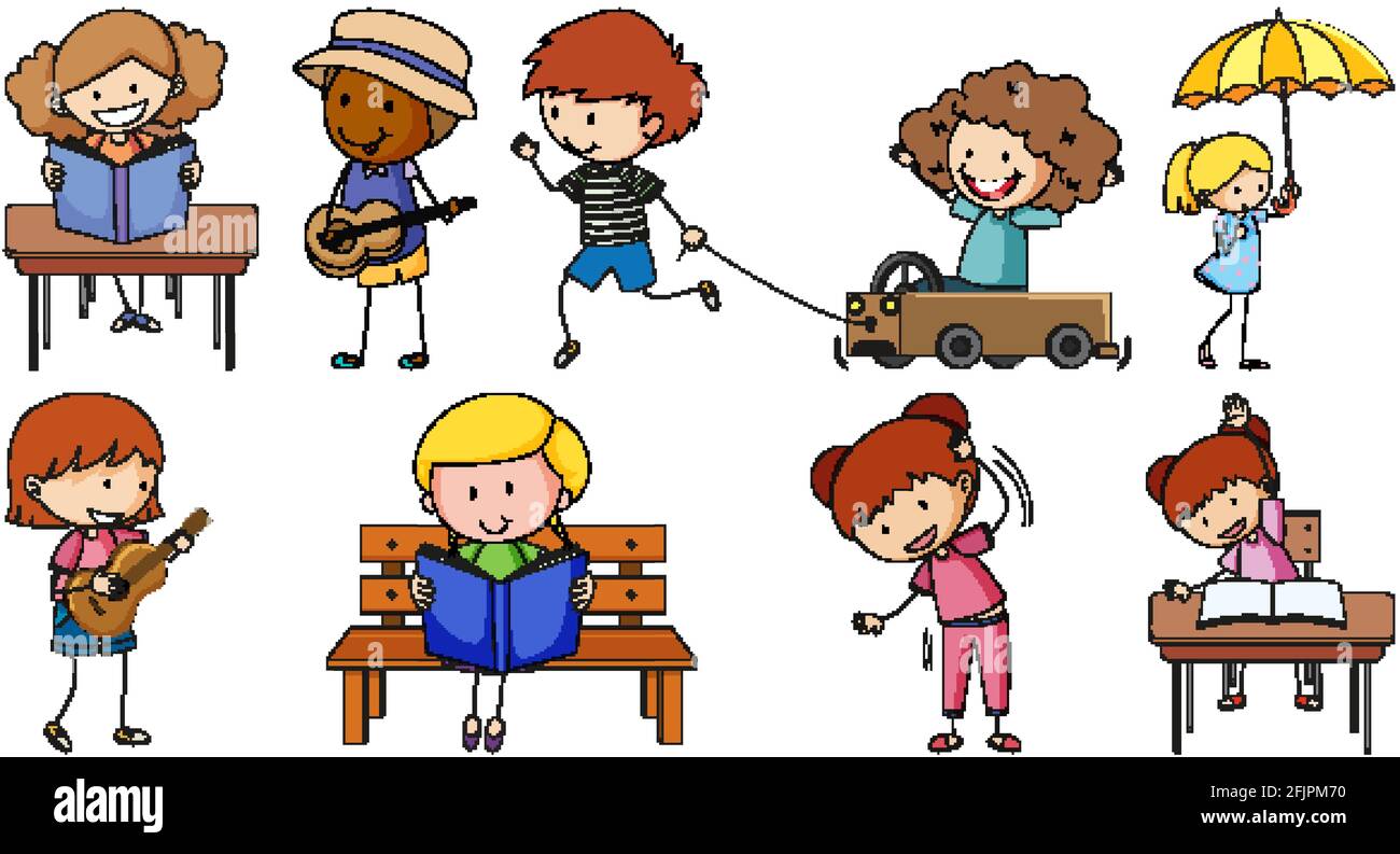 Set of different doodle kids cartoon character illustration Stock ...