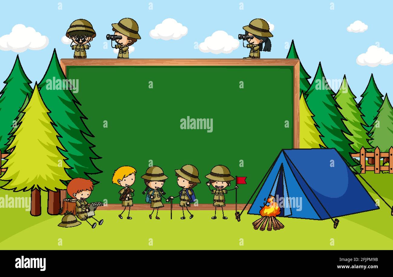 Empty blackboard in nature scene with many kids in scout theme ...