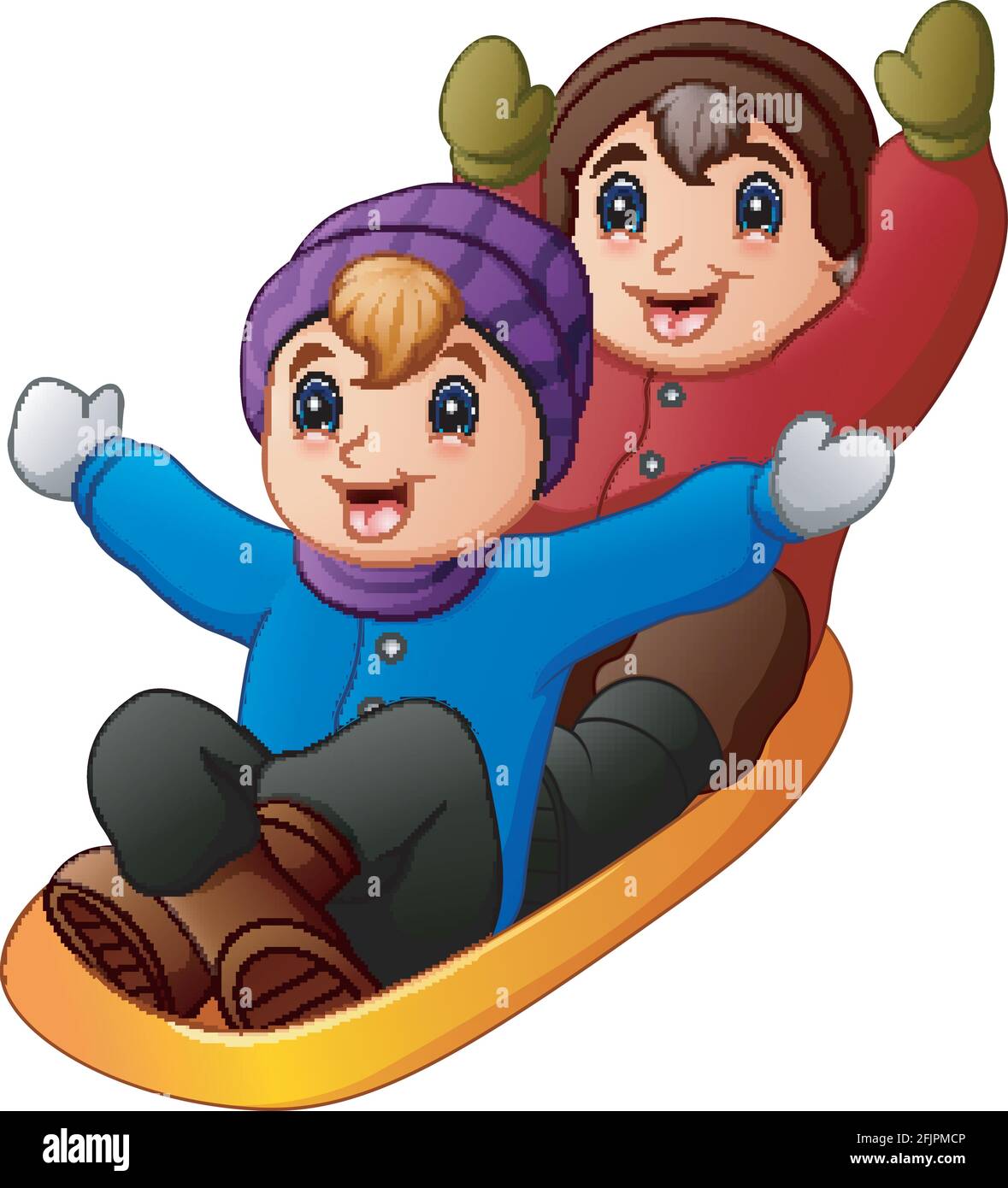Vector illustration of Cartoon boy in winter clothes playing a sledge ...