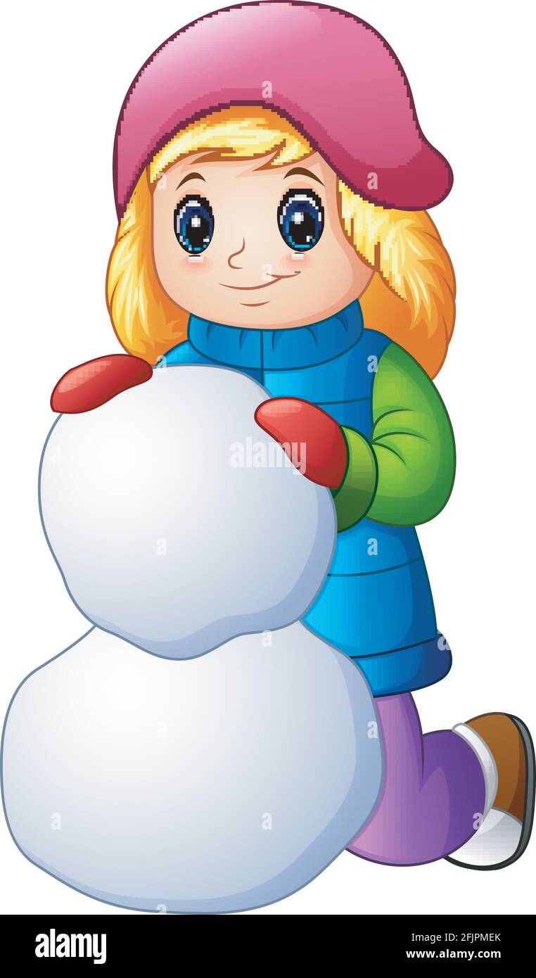 Vector illustration of Cartoon girl in winter clothes making snowball ...