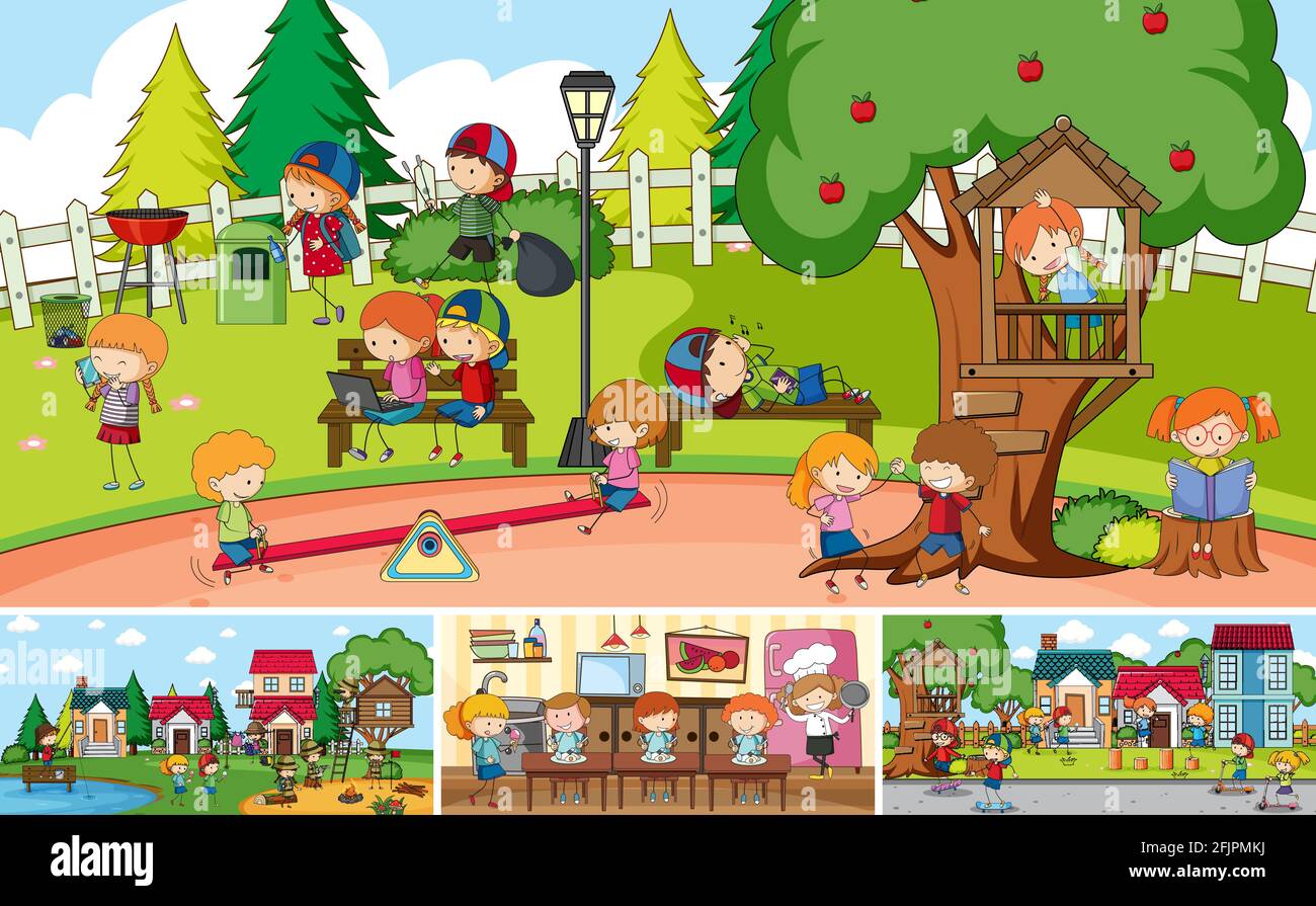 Outdoor scene set with many kids doodle cartoon character illustration ...