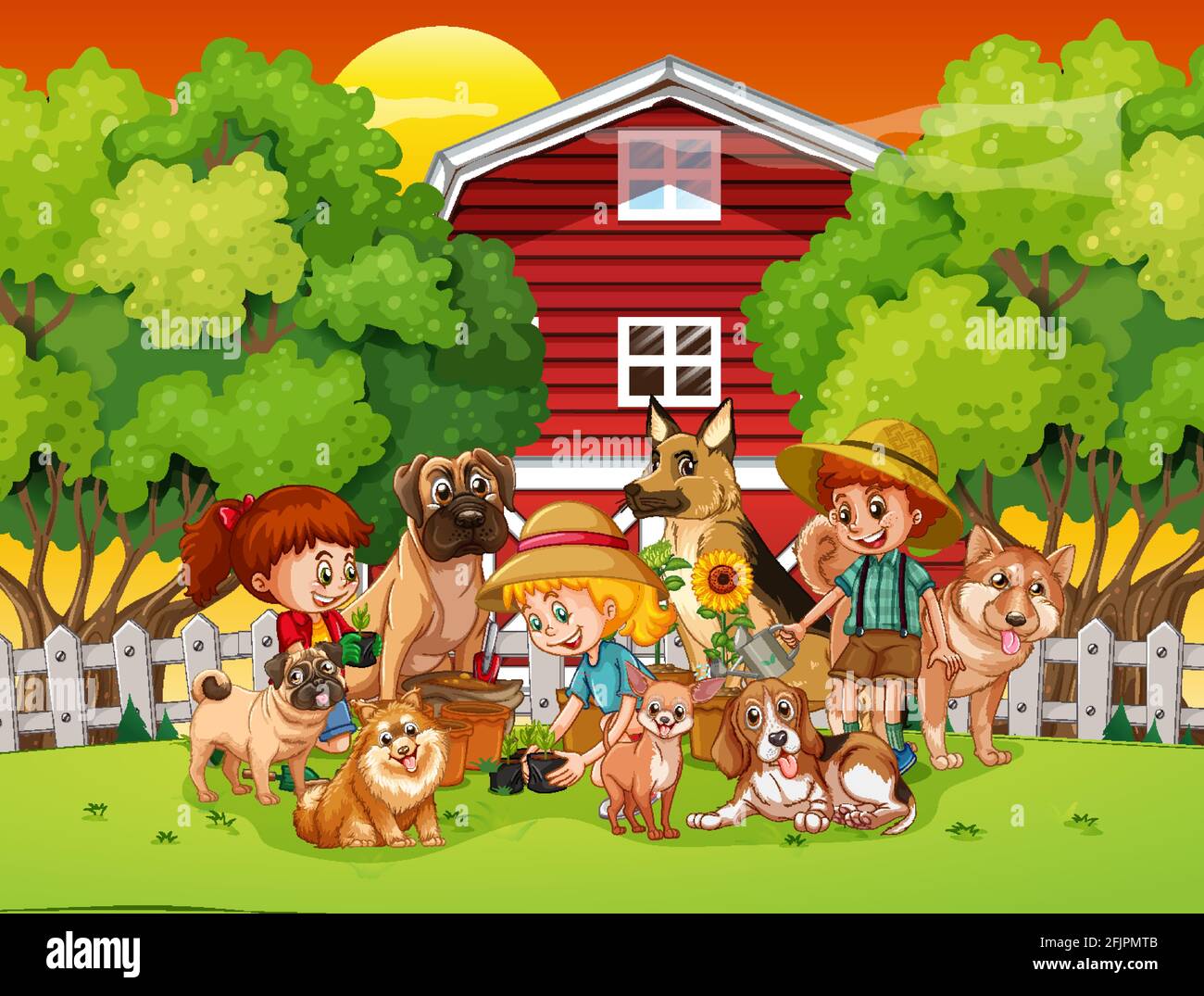 House outdoor scene with many children and their pet illustration Stock ...