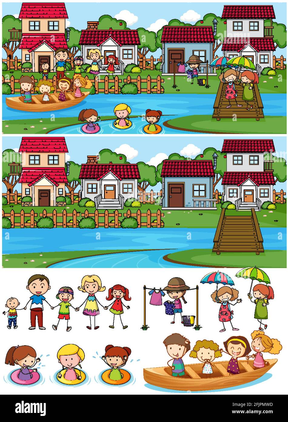 Set of different horizontal scenes background with doodle kids cartoon ...