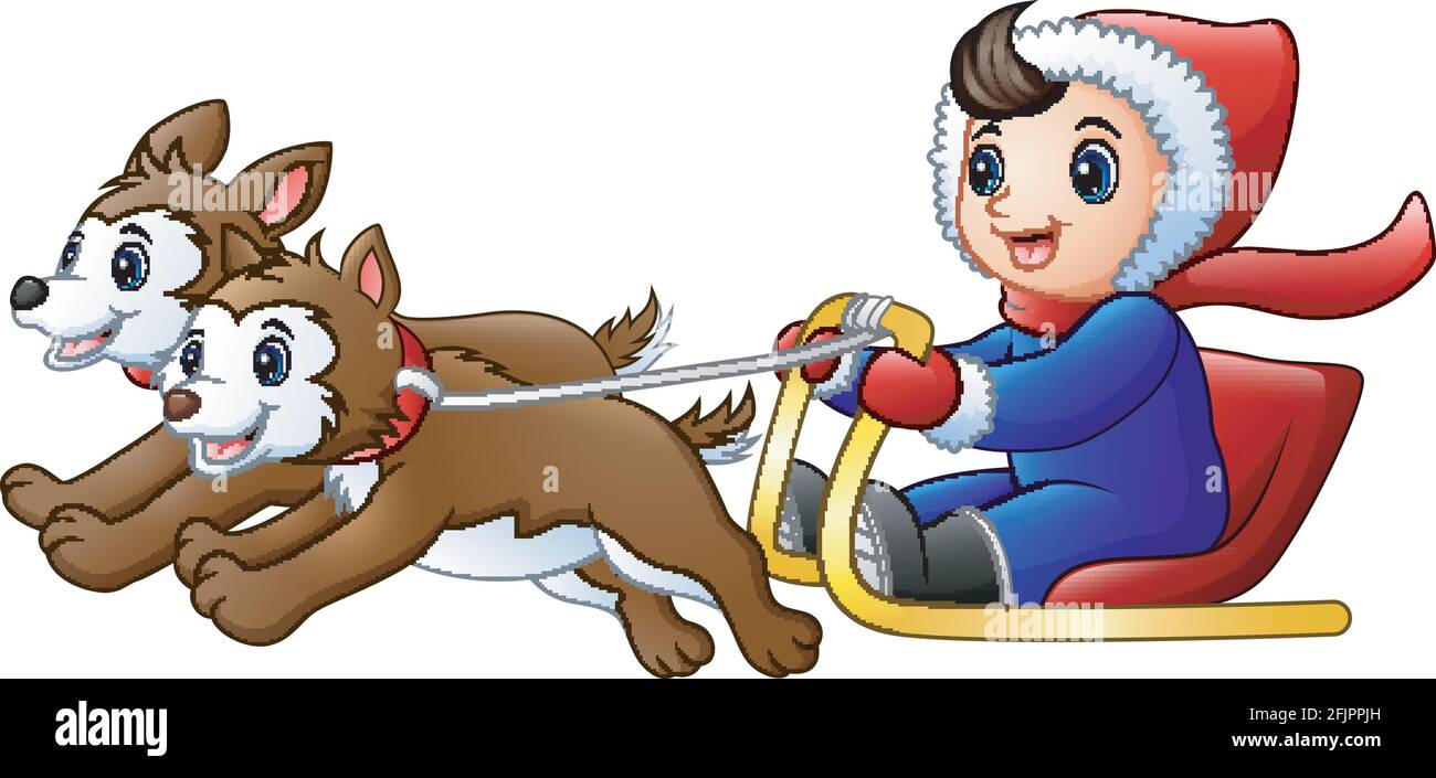 Vector illustration of Cartoon boy riding a sleigh pulled by dog Stock ...