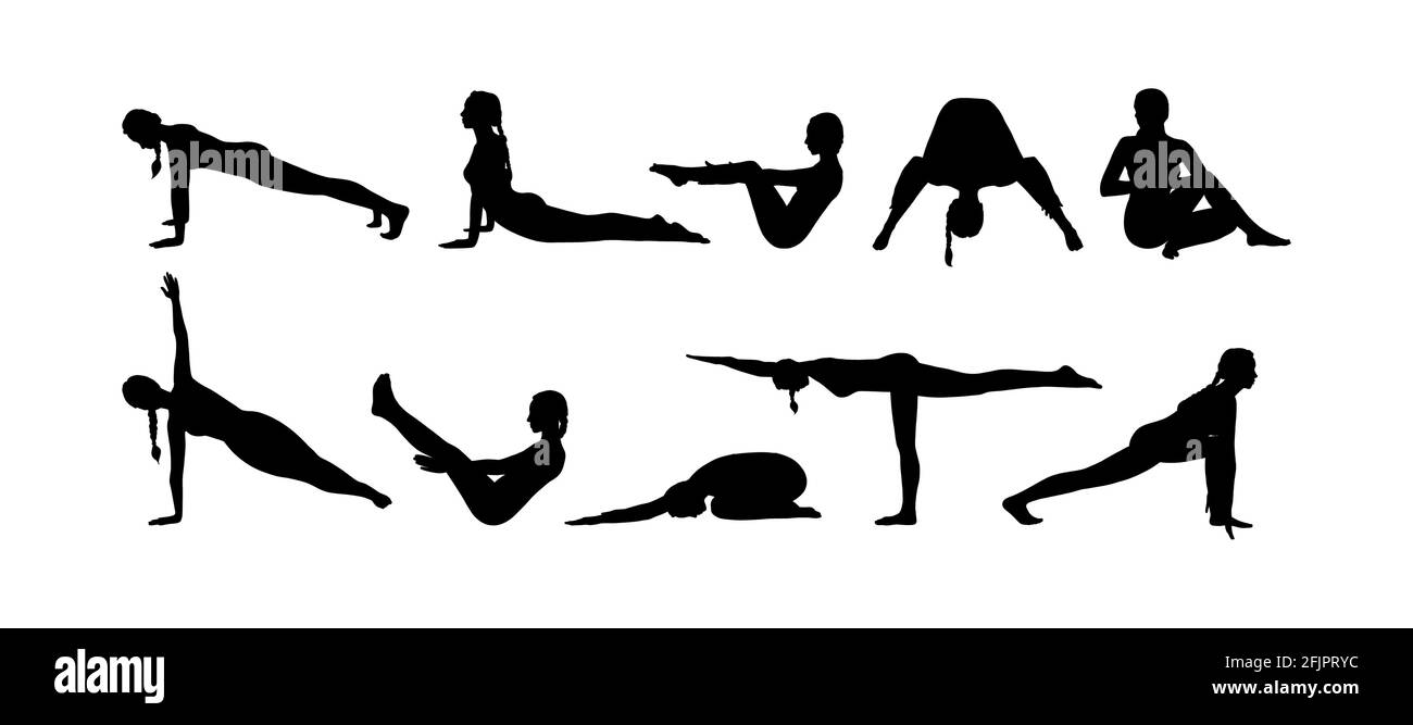 Yoga asana set with black woman silhouettes. Yogi girl full body ...