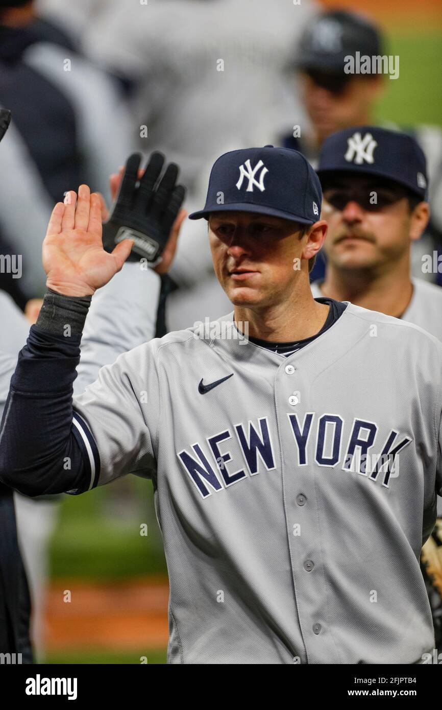 New York Yankees third baseman DJ LeMahieu (26) celebrates a win after ...