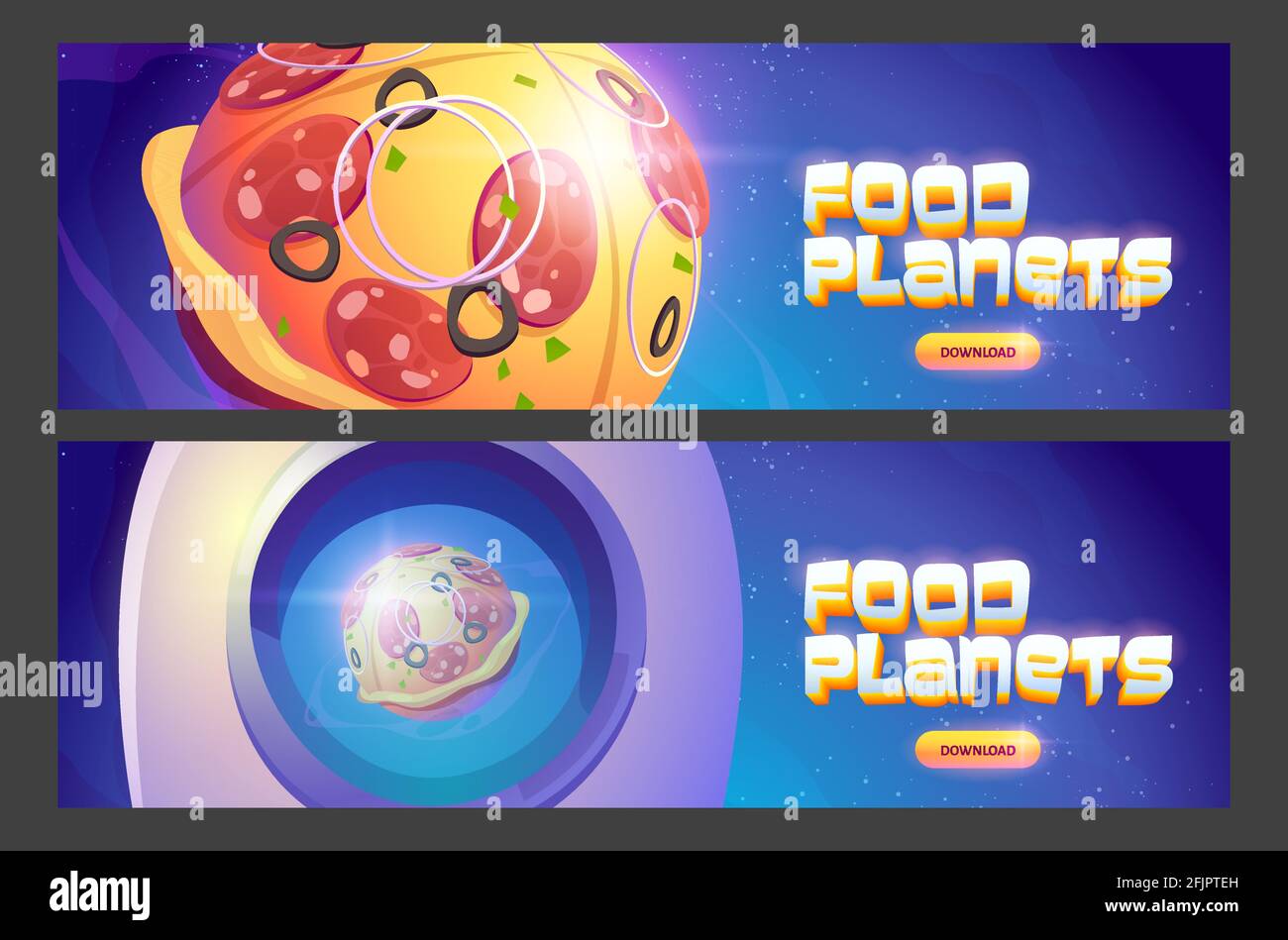 Food planets cartoon web banners with pizza sphere in outer space and ...