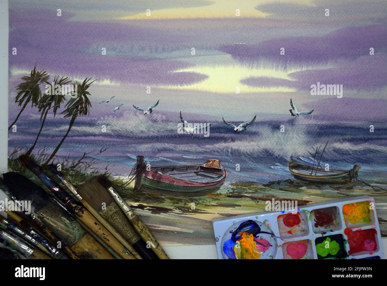 Watercolor painting art class , sea ,wave ,birds, boat , coast ...