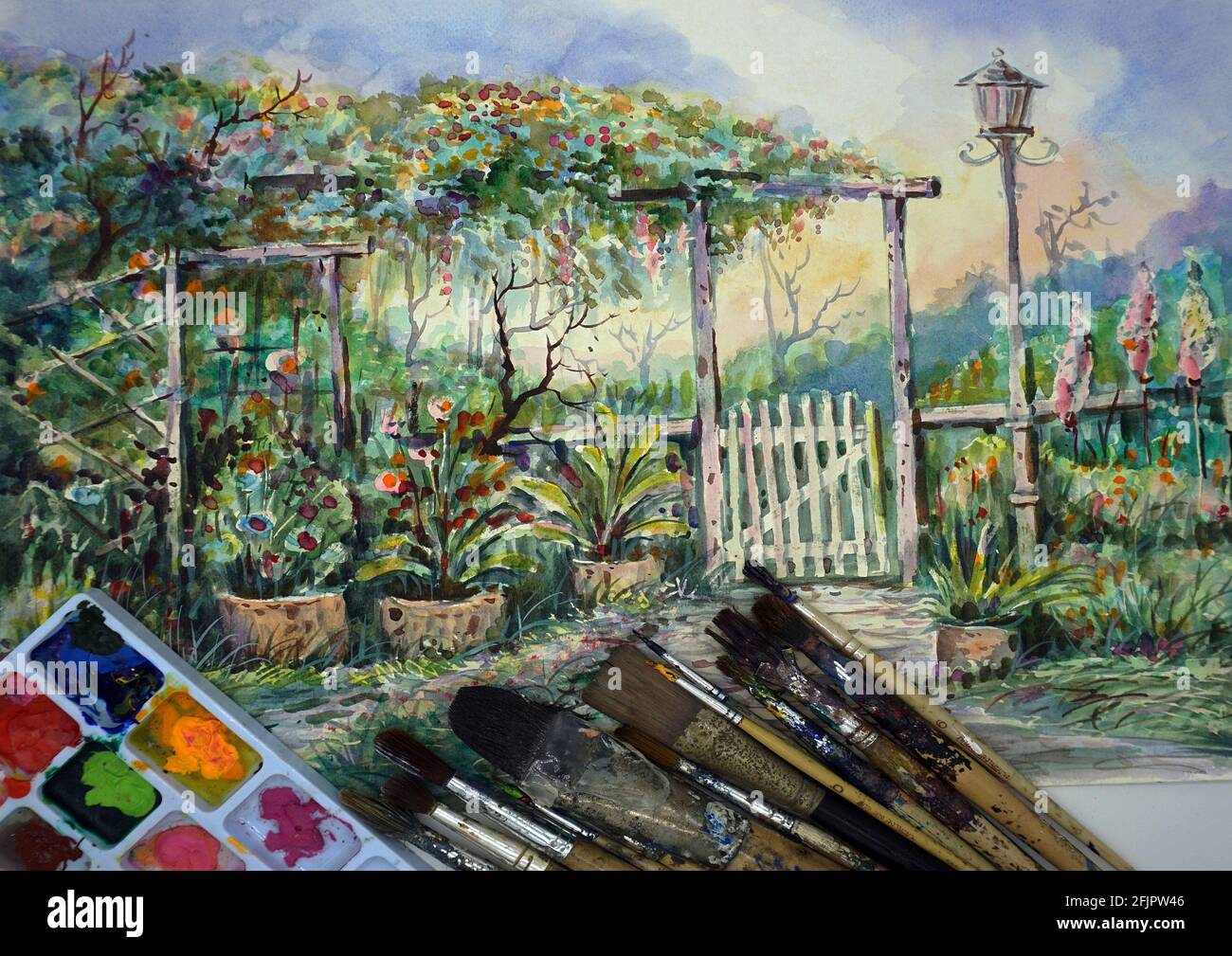 Watercolor painting art class flower garden Stock Photo - Alamy