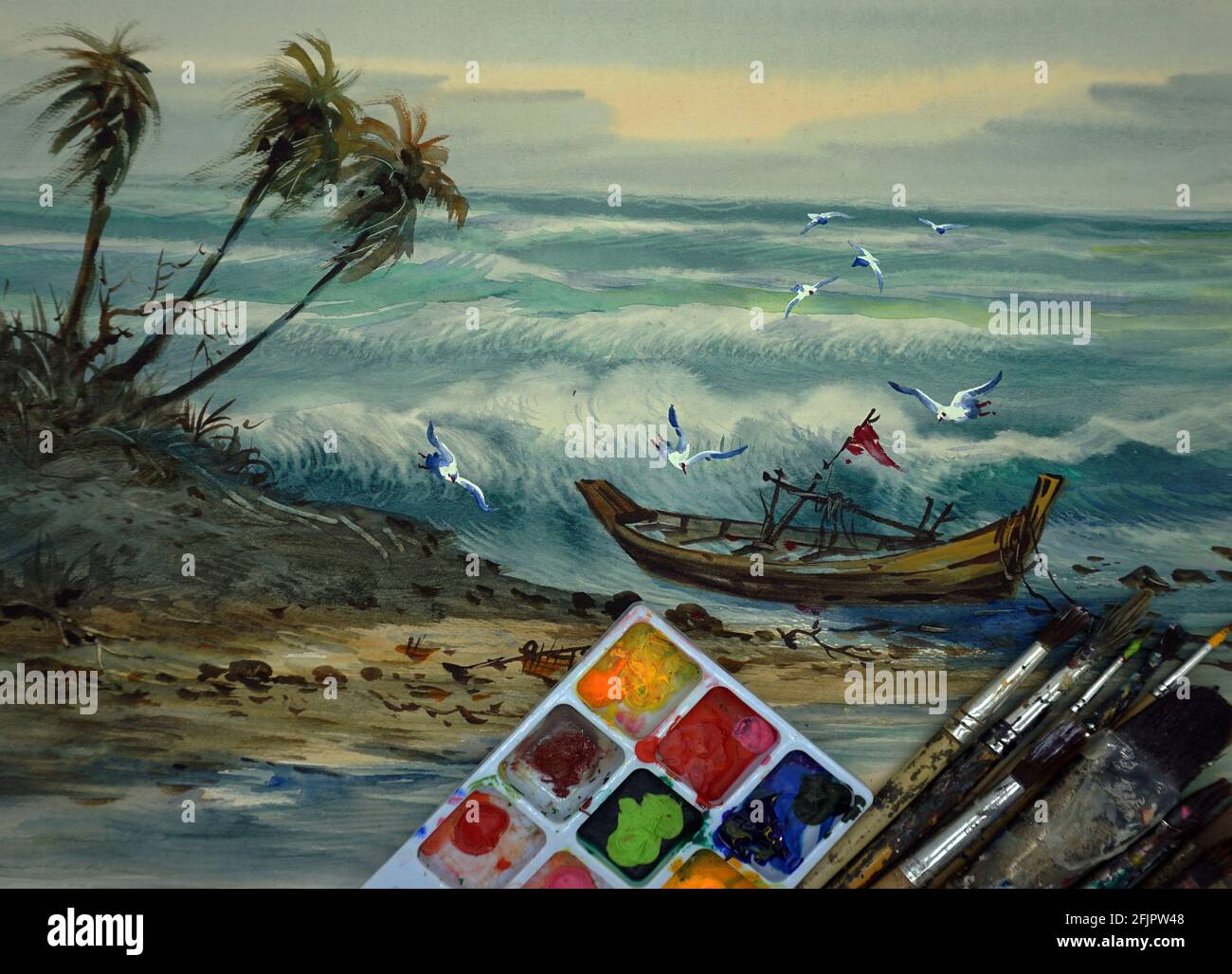 Beach sunset watercolor painting hi-res stock photography and images ...