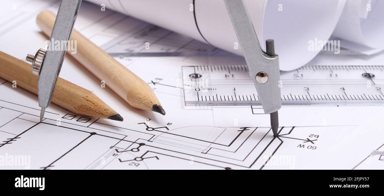 Rolled electrical diagrams and accessories for drawing lying on ...