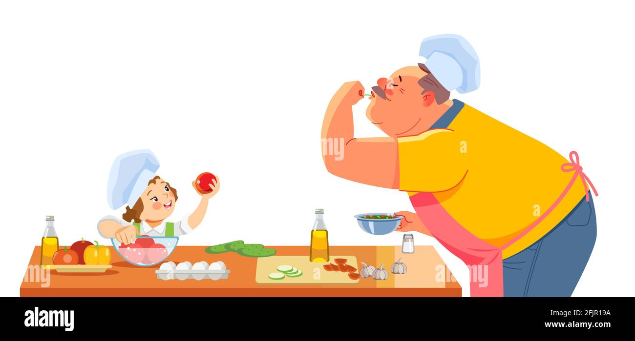 Grandfather and grandchild prepare a salad. A happy family cooks ...