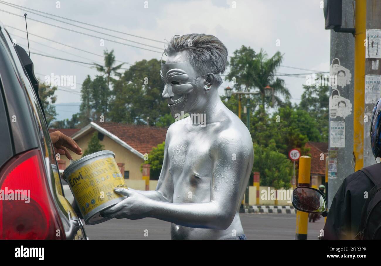 Yogyakarta, Indonesia - April 25, 2021: A Silverman, a street performer ...