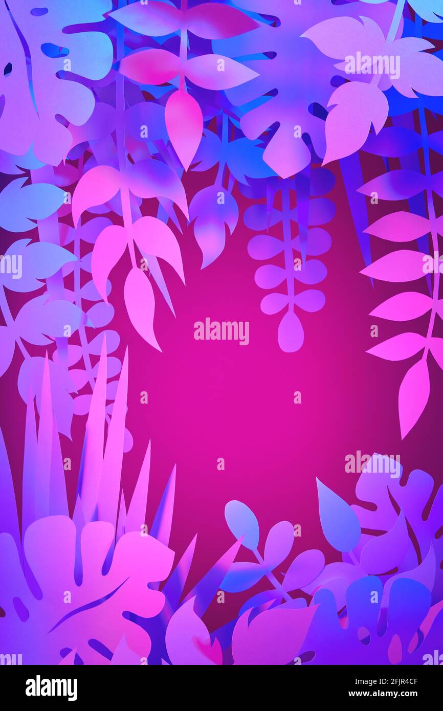 neon colored scene with neon colored paper cut jungle plants leaves ...