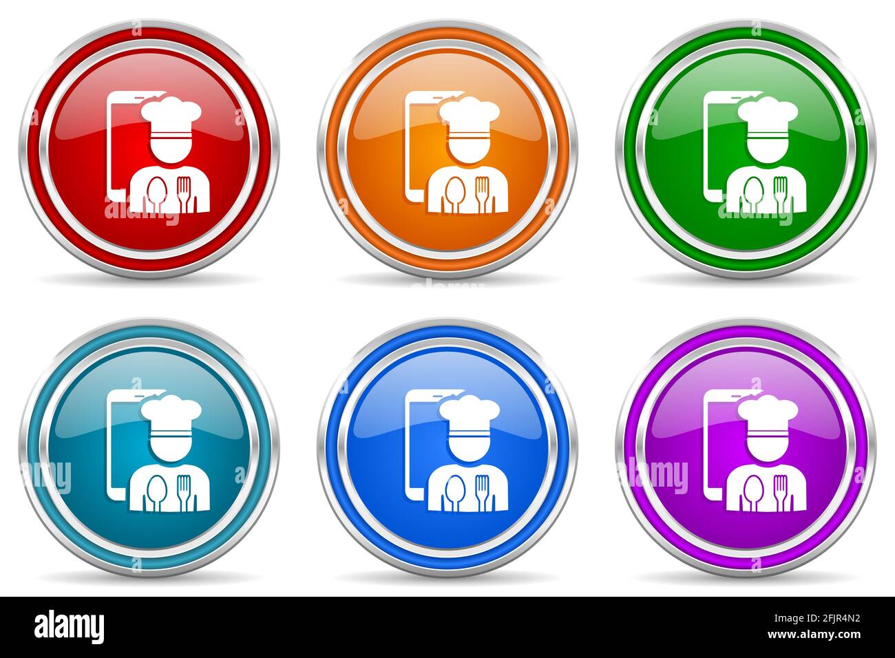 Mobile phone, online restaurant, chef silver metallic glossy icons, set ...