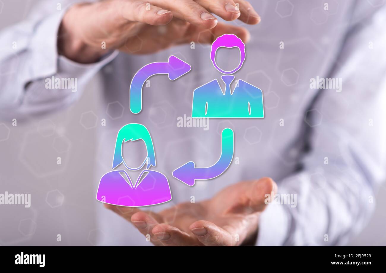 Business transition concept between hands of a man in background Stock ...