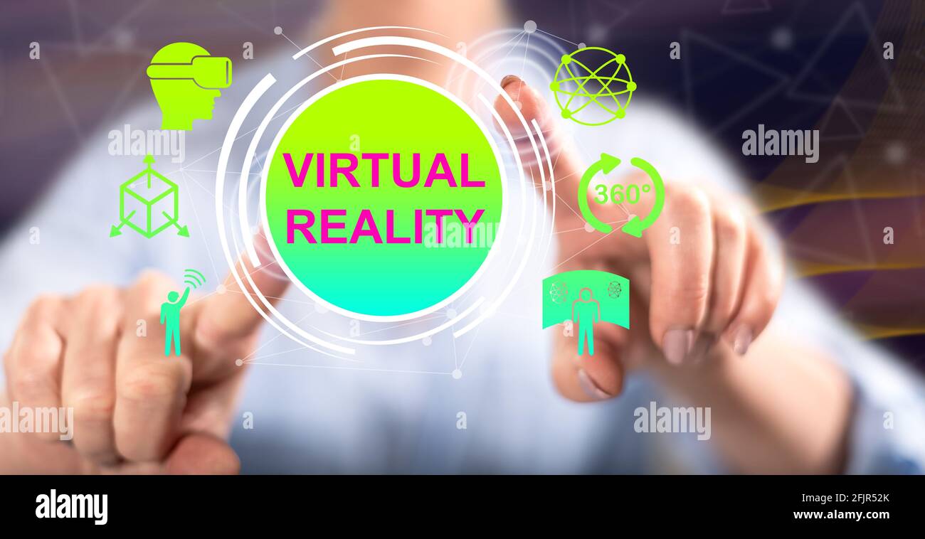 Woman touching a virtual reality concept on a touch screen with her ...