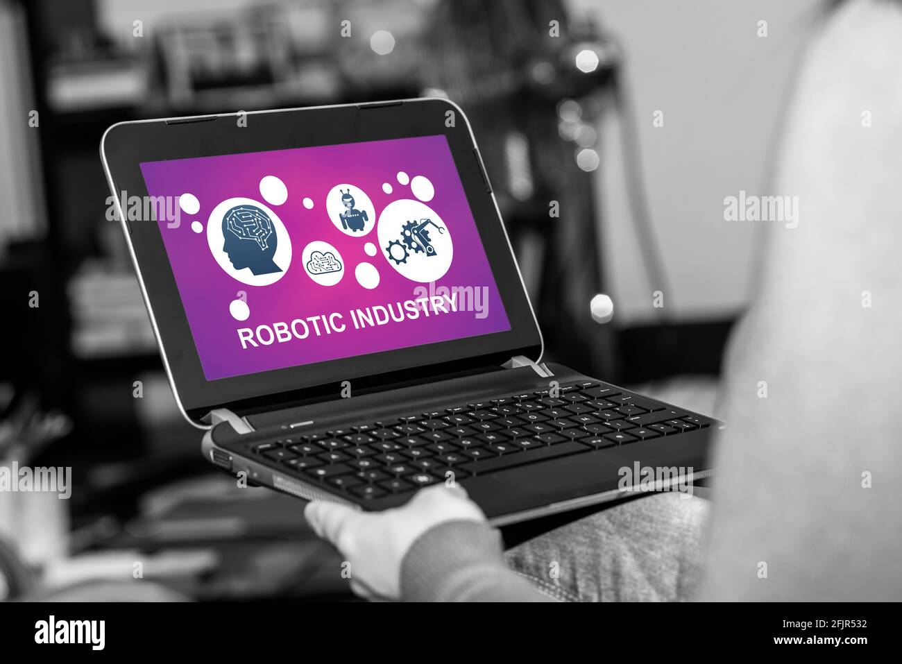 Tablet screen displaying a robotic industry concept Stock Photo - Alamy