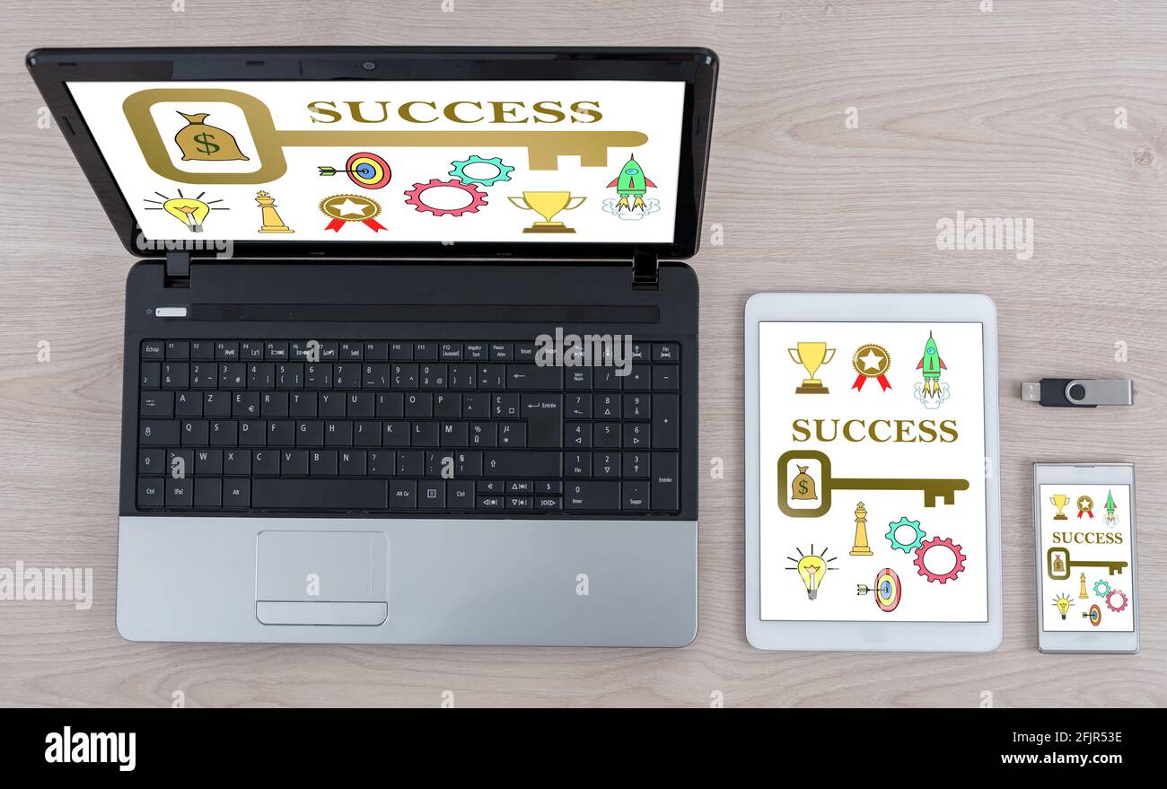 Business success concept shown on different information technology ...